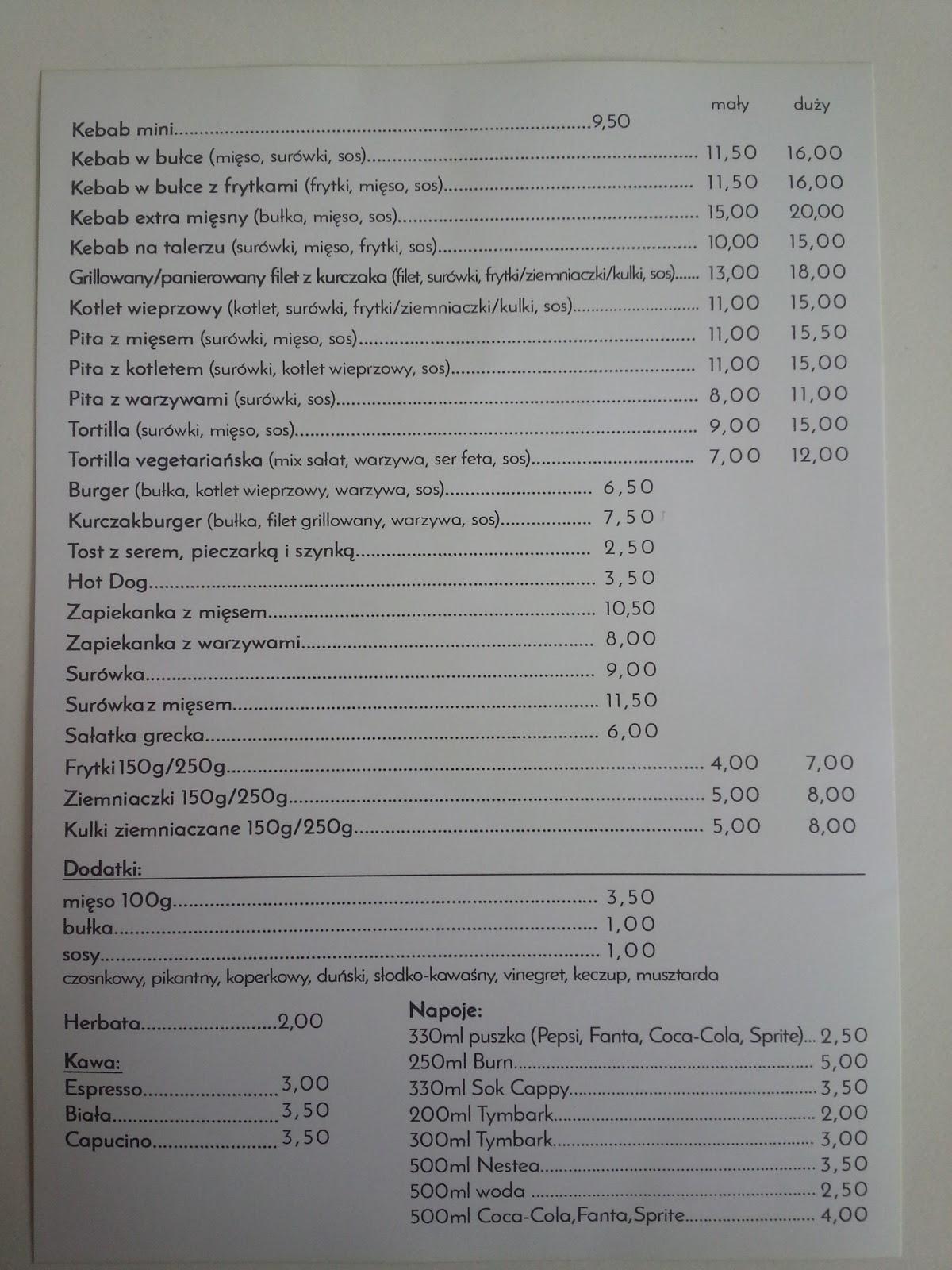 Menu at Fresh Kebab cafe, Jelenia Góra