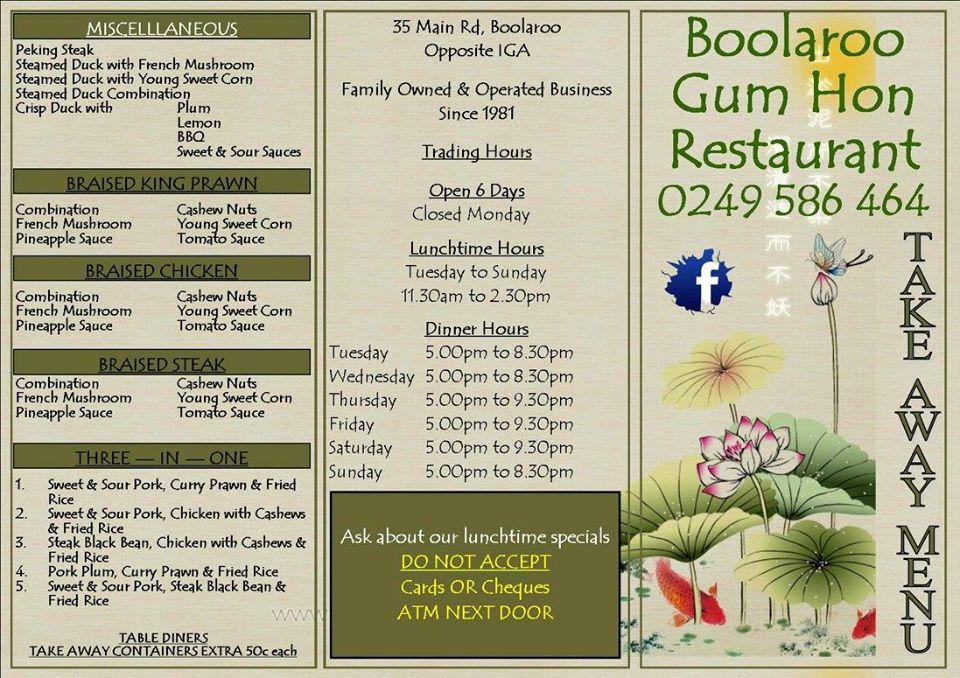Menu at Gum Hon Restaurant, Boolaroo