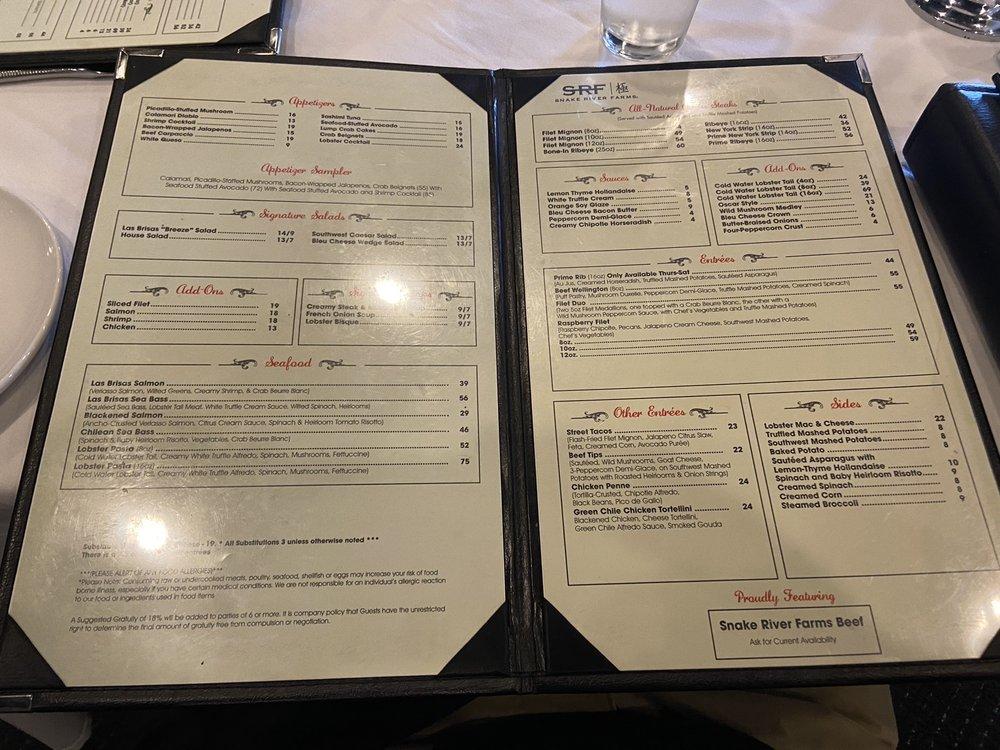 Menu at Las Brisas steakhouse, Lubbock