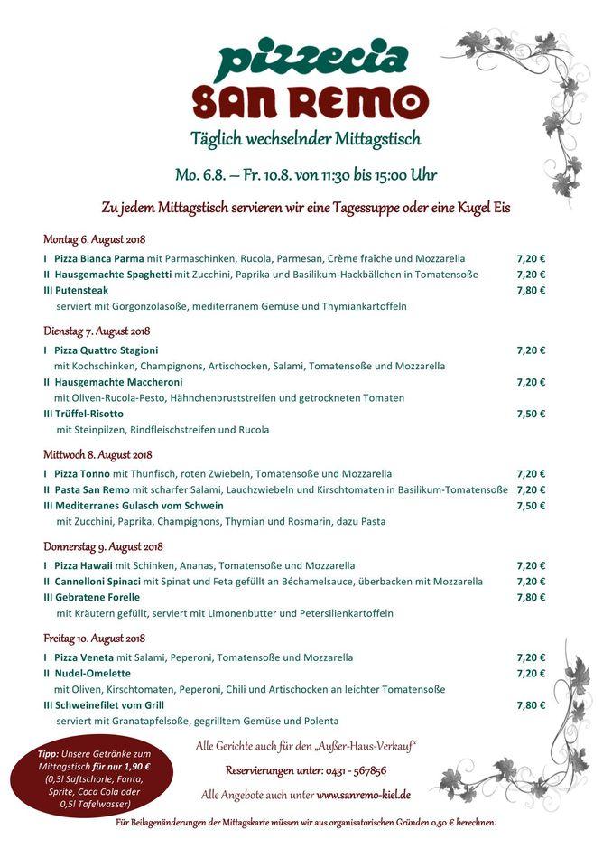 Speisekarte von Pizzeria San Remo, Kiel