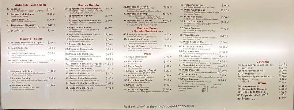 Menu at Ristorante Prosecco pizzeria, Tecklenburg