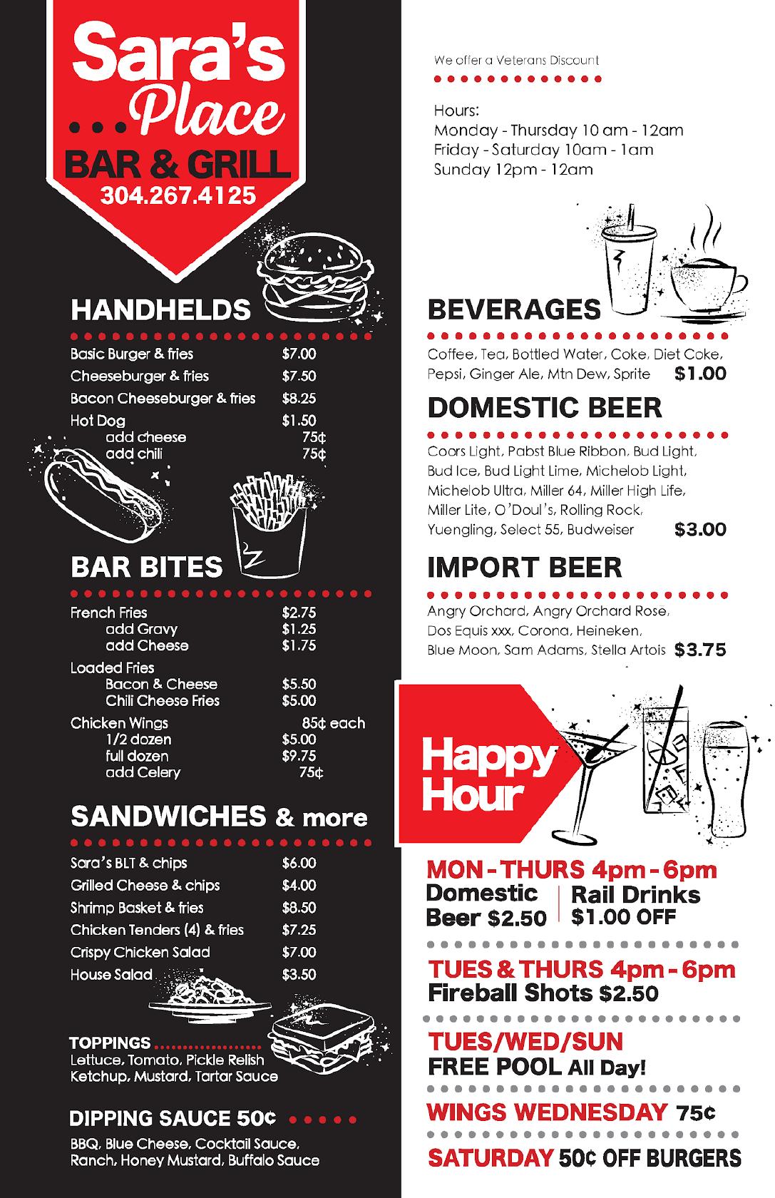 Menu at Sara's Place Bar & Grill, Kearneysville