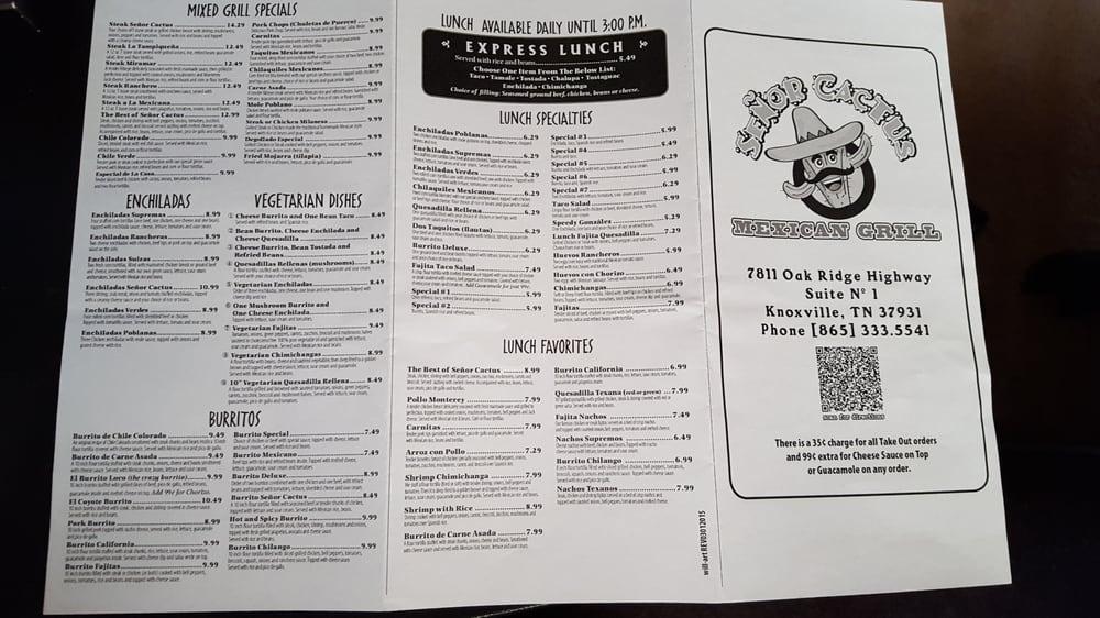 Menu at Señor Cactus restaurant, Knoxville, Oak Ridge Hwy