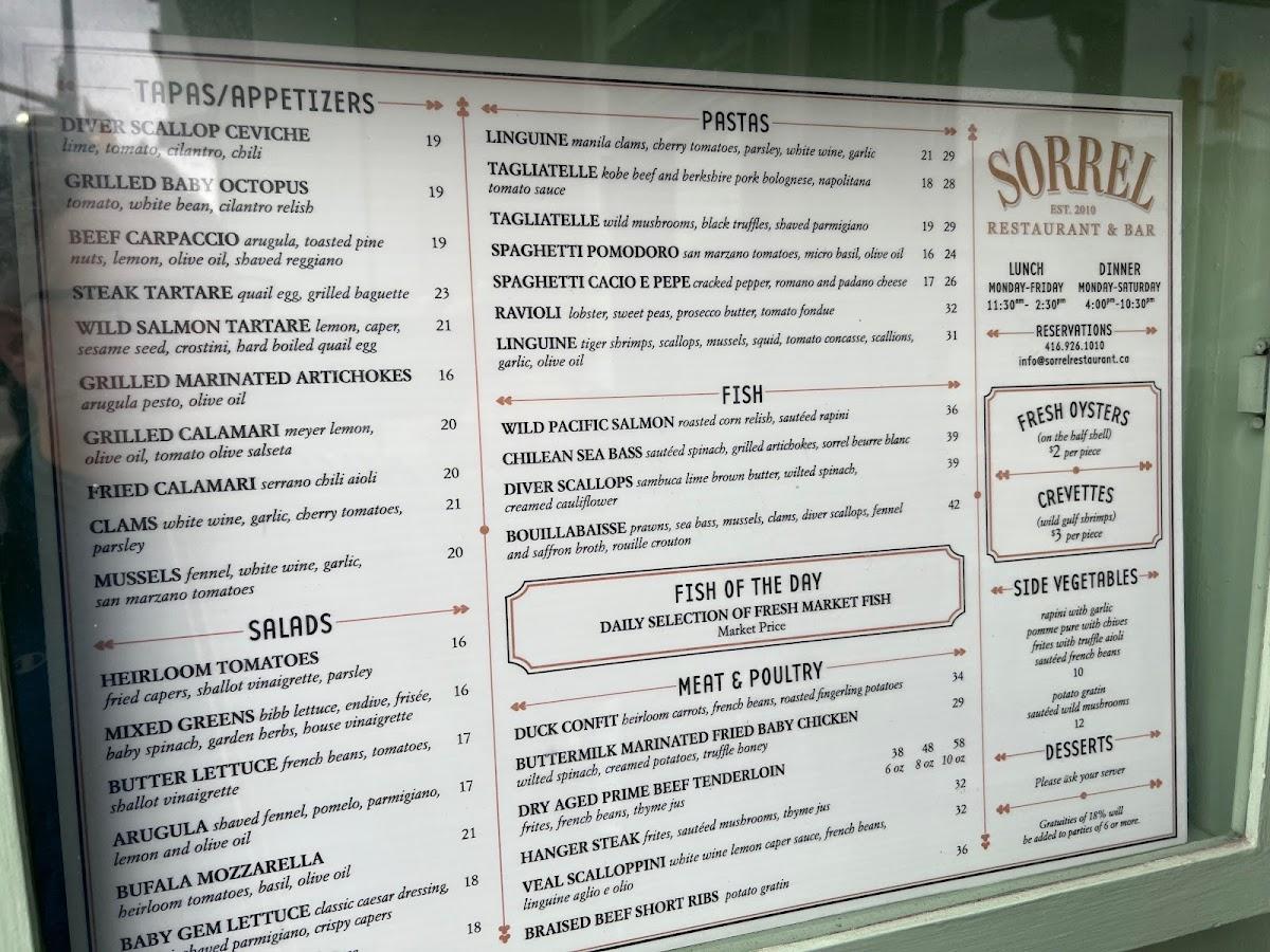 Menu at Sorrel restaurant, Toronto
