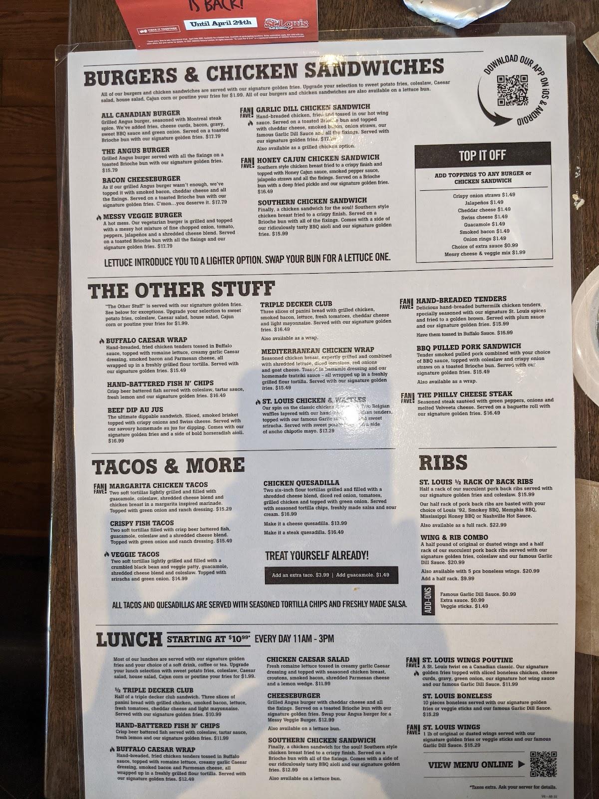 Menu at St. Louis Bar & Grill, St. Albert