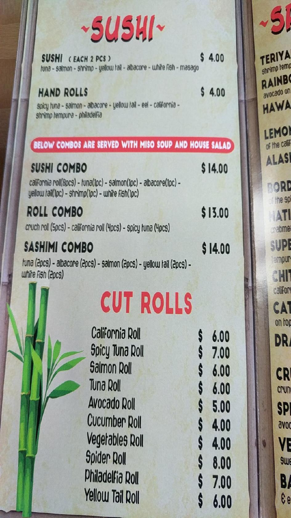 Menu at Teriyaki Sun restaurant, National City