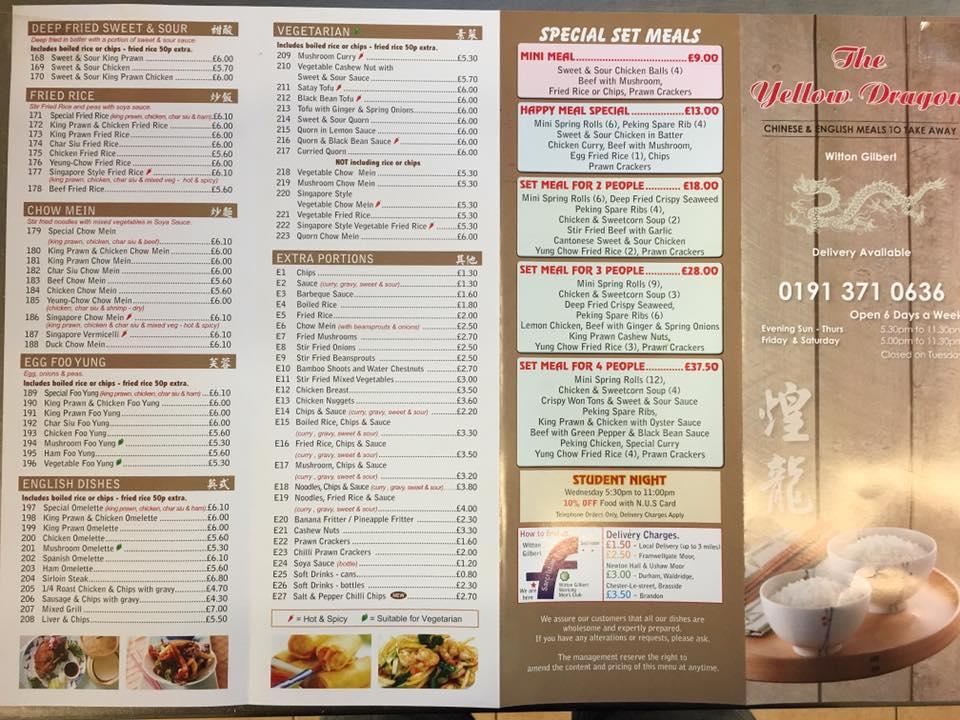 Menu at The Yellow Dragon fast food, Durham, Sacriston Ln