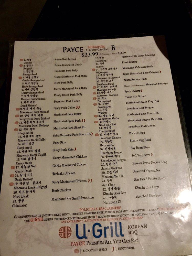 Carta de U Grill Korean BBQ, Rancho Cucamonga, Foothill Blvd