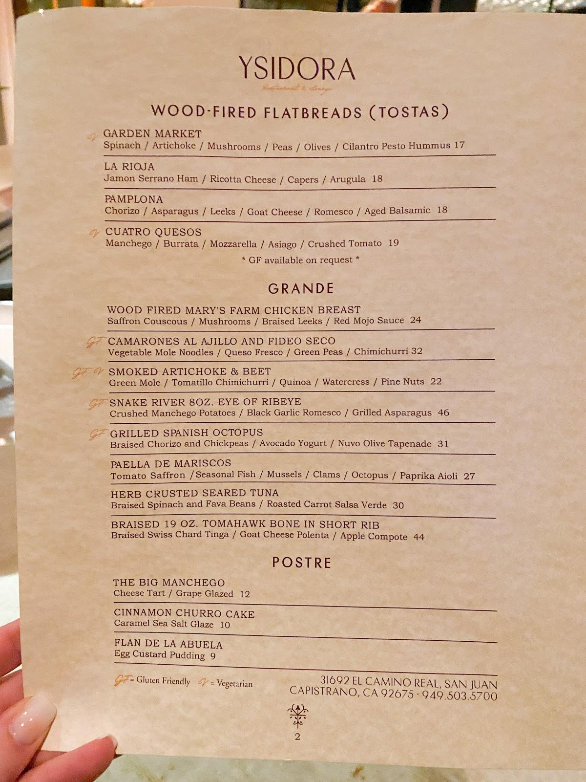 Carta de Ysidora Restaurant and Lounge, San Juan Capistrano