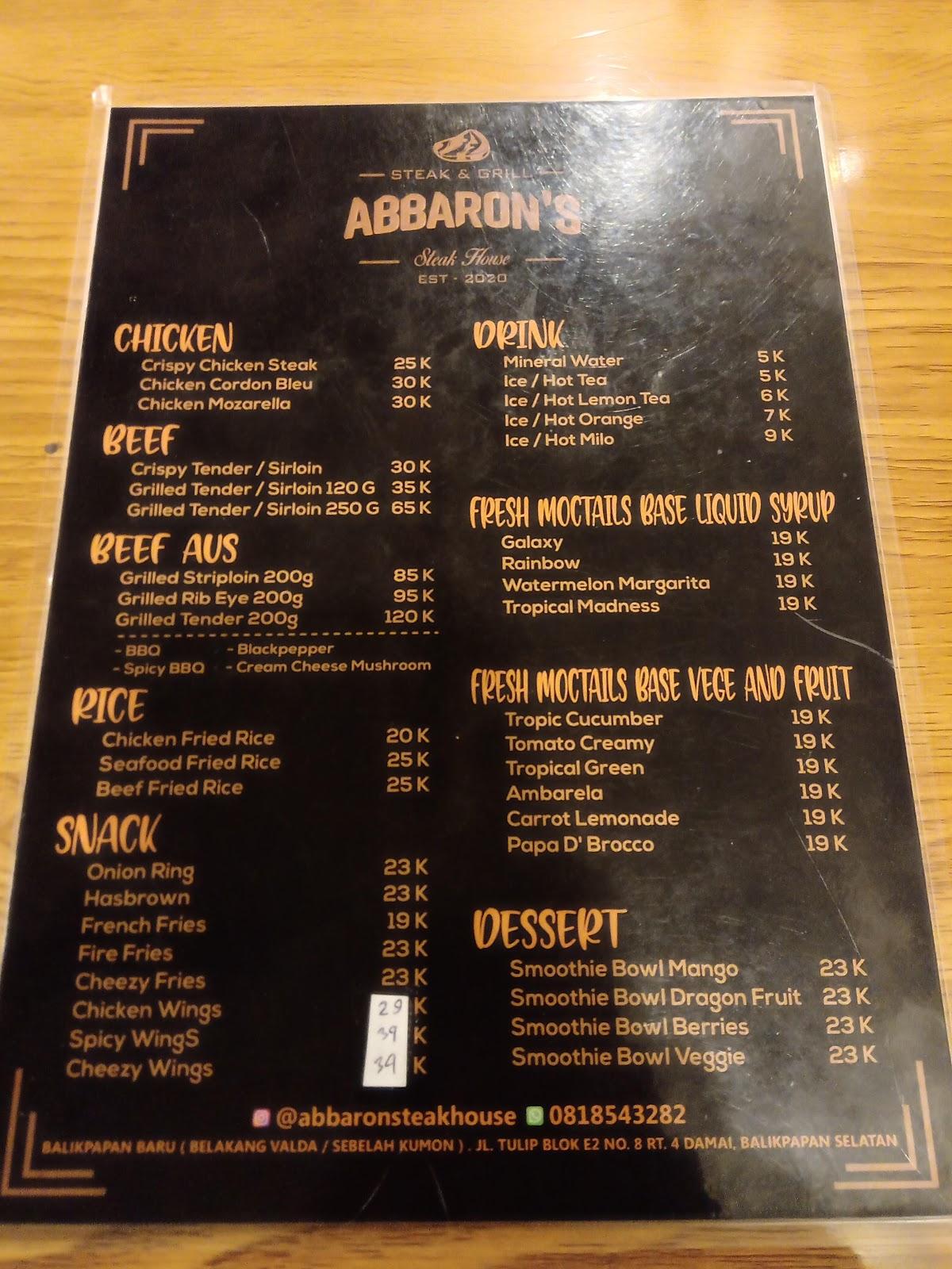 Carta de Abbaron's steak house, Balikpapan