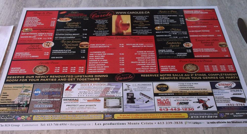 Menu au Carole's Restaurant Hawkesbury, Hawkesbury