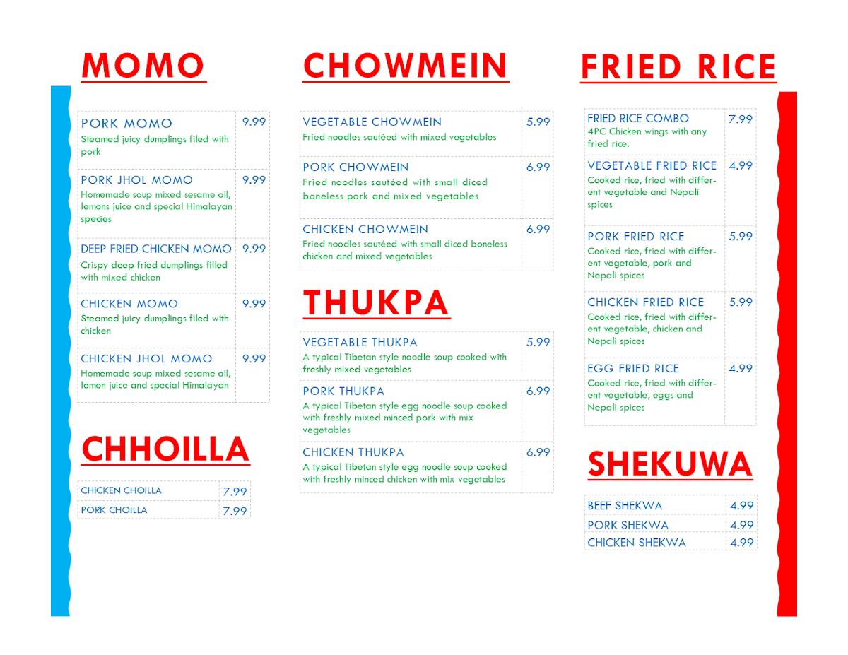 Carta de Nepali Kitchen and Bar, Scranton