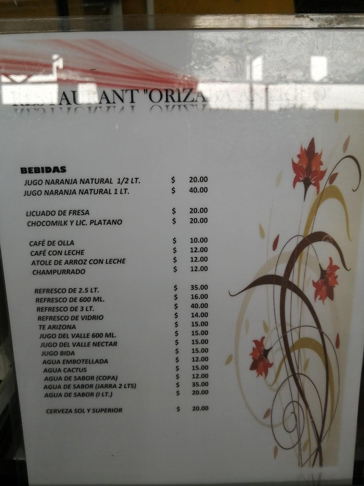 Menu at Orizaba Antiguo restaurant, Orizaba