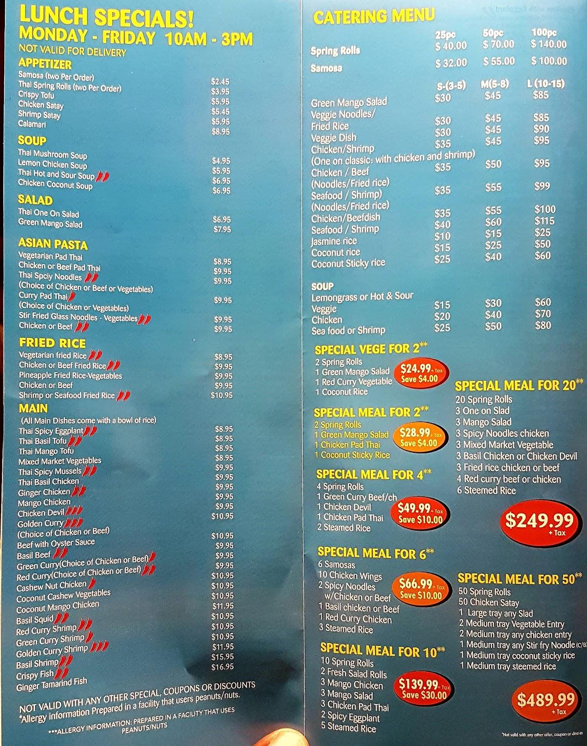Menu at Thai On Rock Restaurant, Toronto
