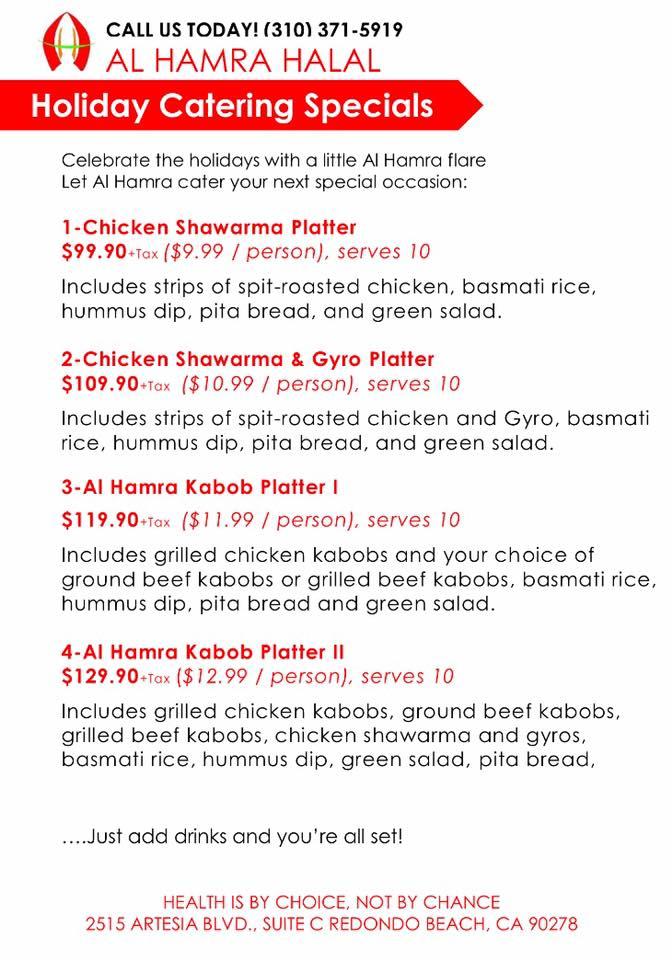 Menu at Al Hamra Halal Mediterranean Grill restaurant, Redondo Beach