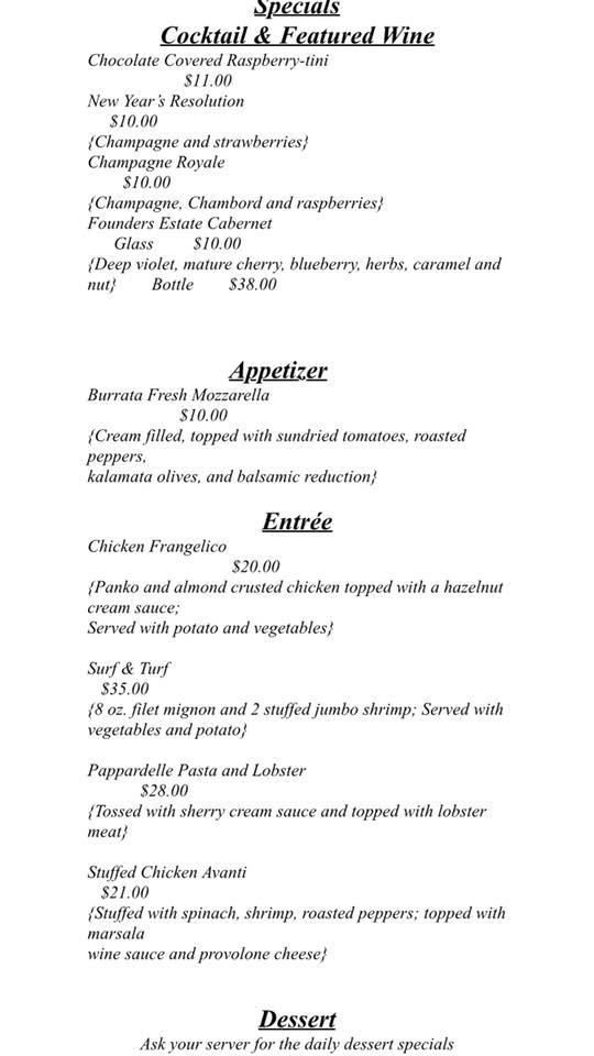Menu at Avanti Restaurant, Meriden