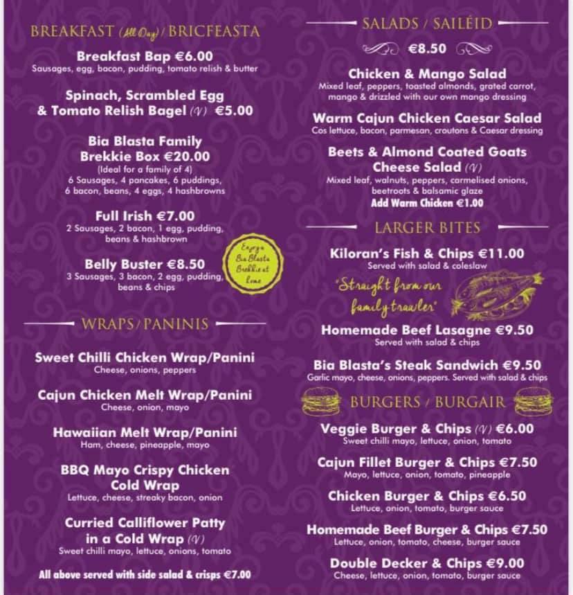 Menu at Bia Blasta cafe, Carraroe, Carraroe village