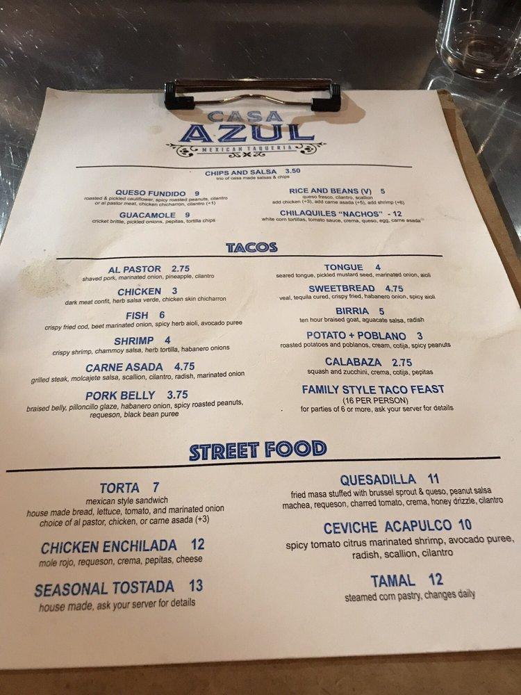 Menu at Casa Azul restaurant, Buffalo, 191 Allen St
