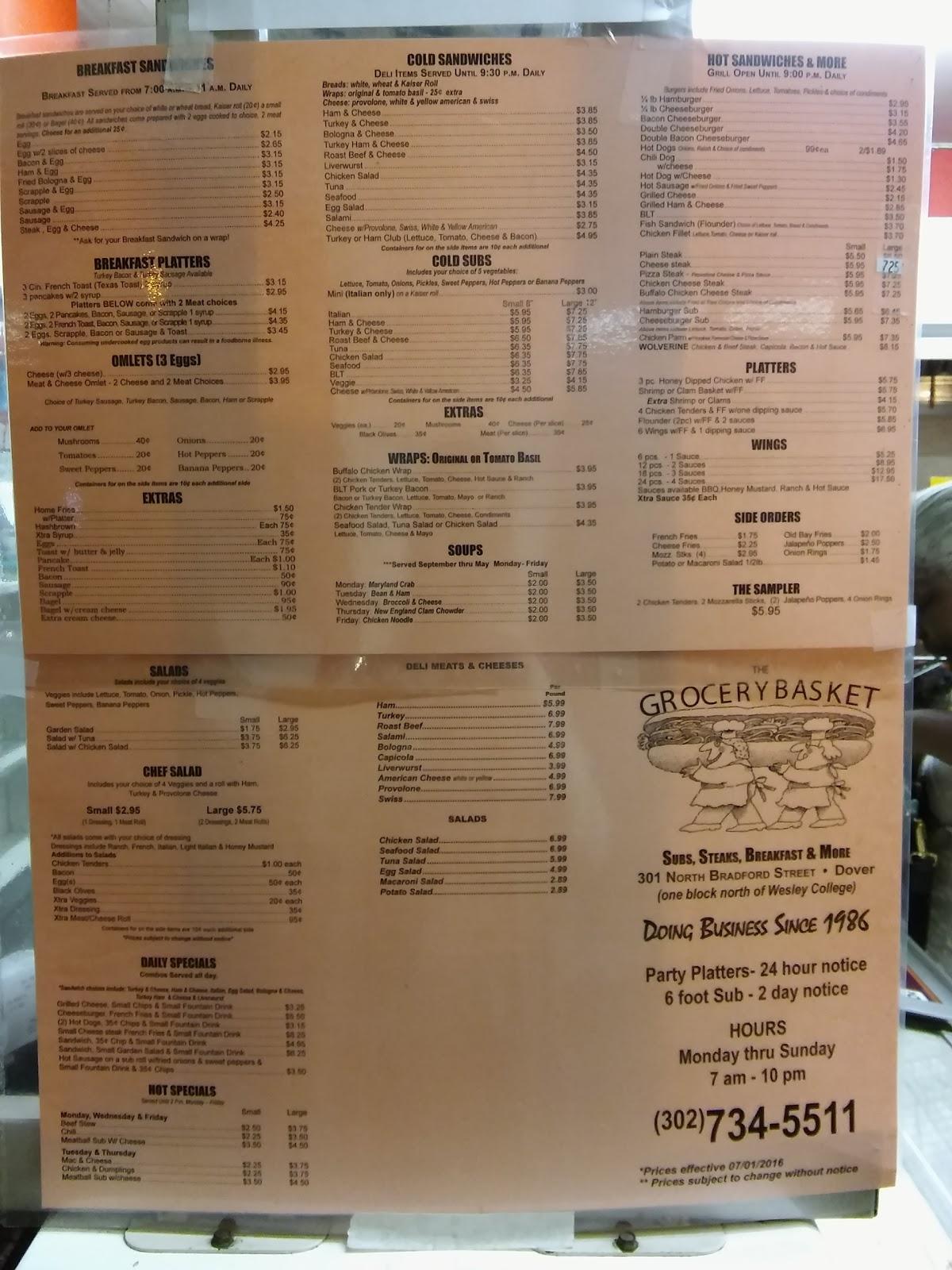 Menu at Grocery Basket restaurant, Dover