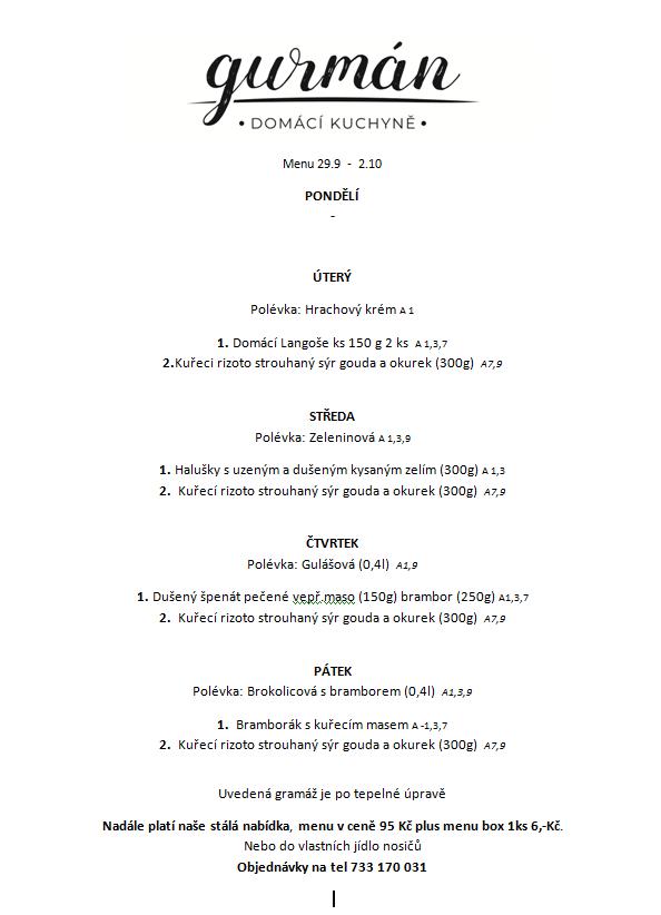 Menu at Gurmán pub & bar, Rousínov