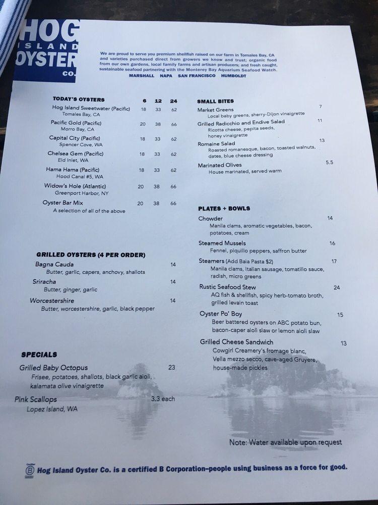 Menu at Hog Island Oyster Co restaurant, Napa