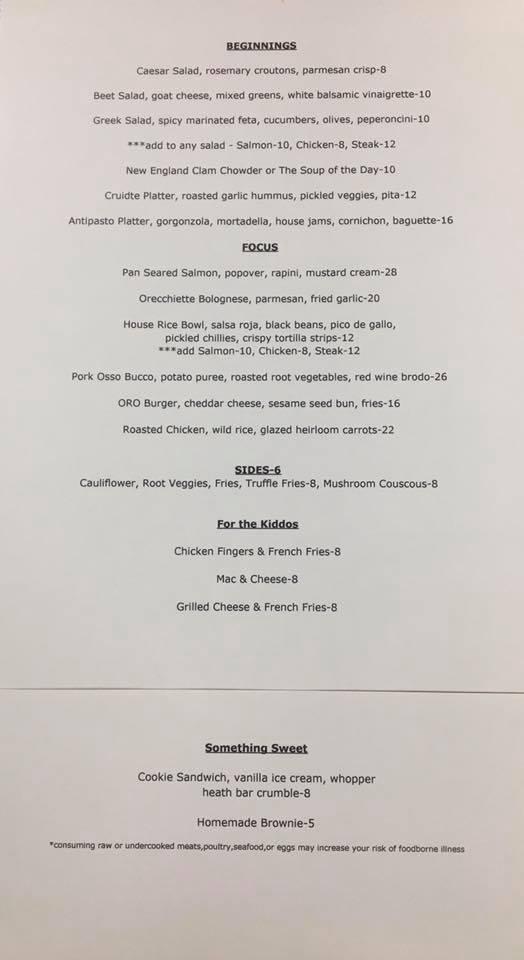 Menu at Oro restaurant, Scituate, 227 Chief Justice Cushing Hwy