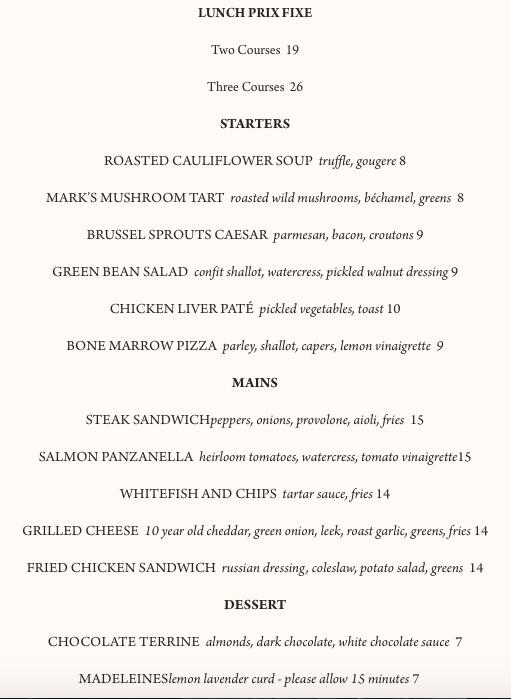 Menu at Peter Pan Bistro restaurant, Toronto