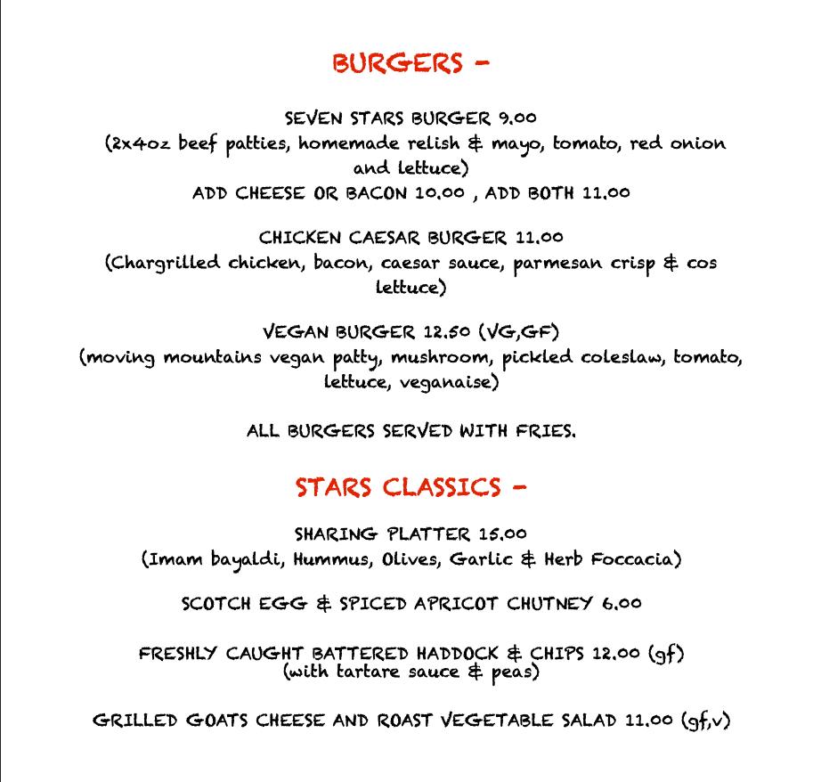 Menu at The Seven Stars Inn pub & bar, Upavon, The Seven Stars Inn