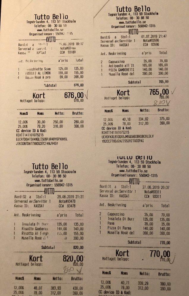Menu at Tutto Bello restaurant, Stockholm, Tegnérlunden 4