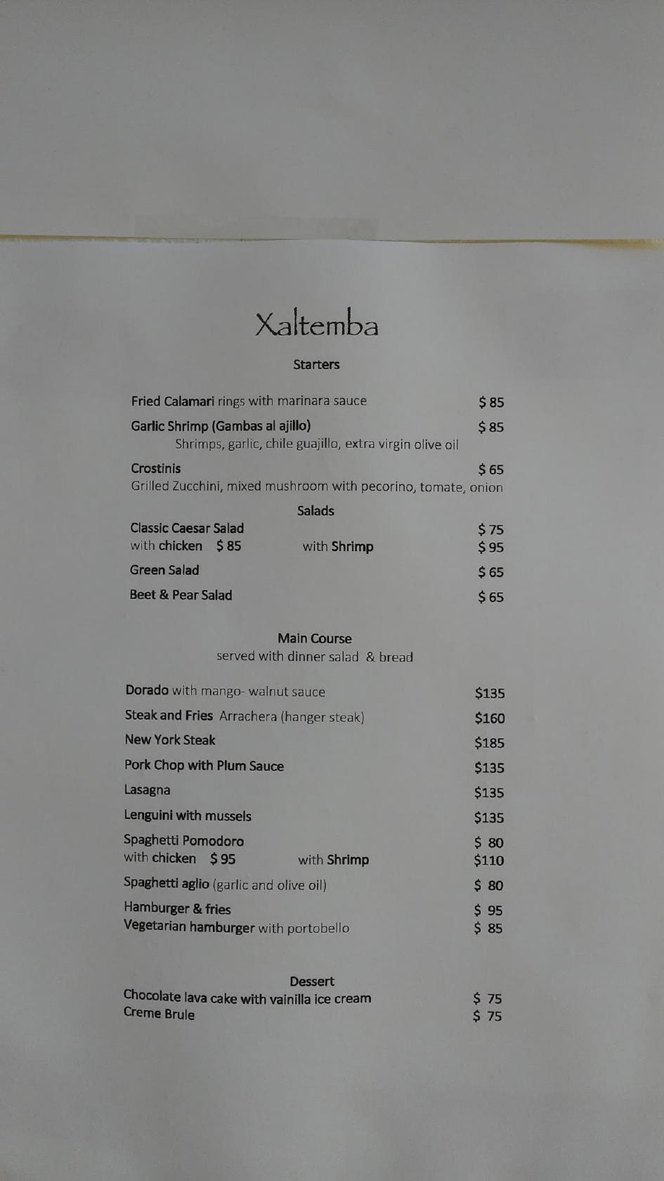 Menu at Xaltemba Restaurant, La Peñita de Jaltemba
