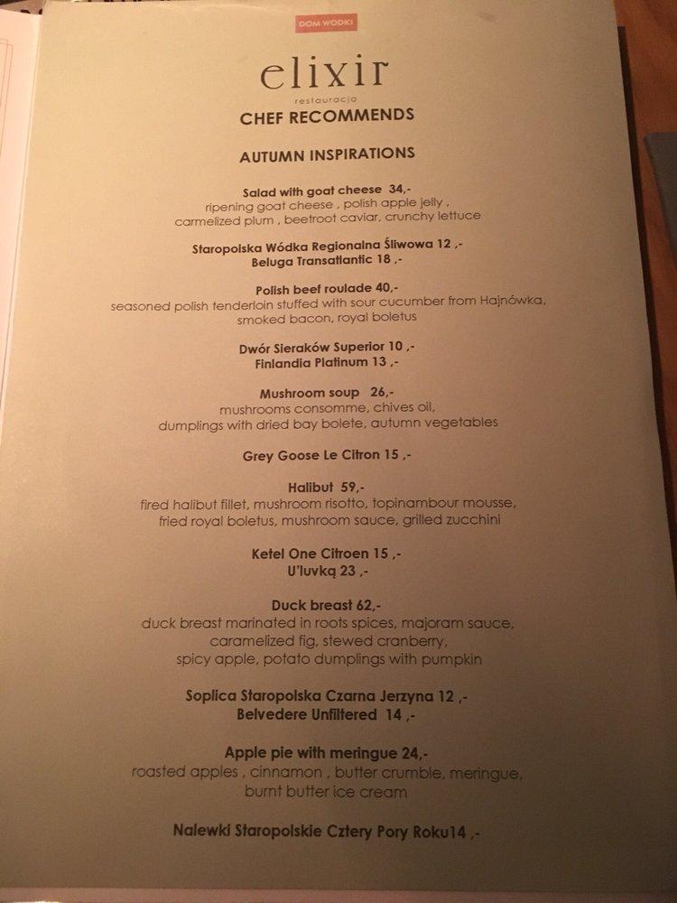 Menu at ELIXIR by Dom Wódki pub & bar, Warsaw