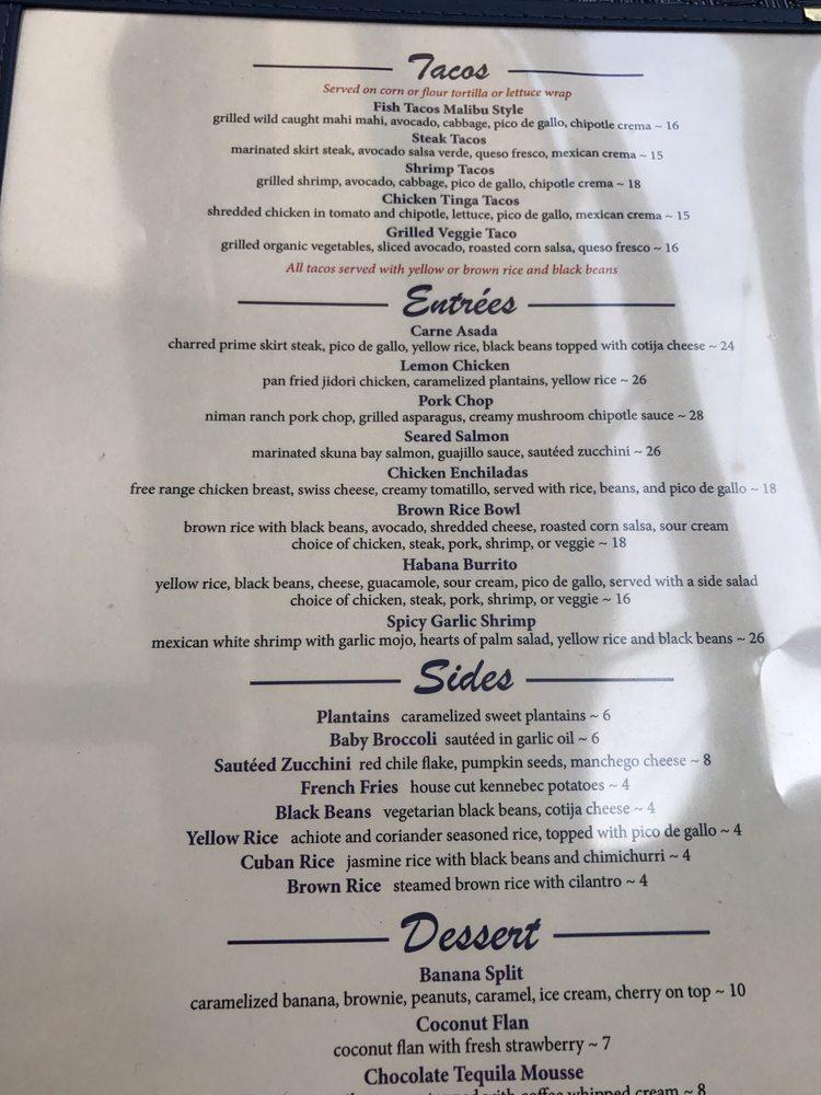 Menu at Cafe Habana, Malibu