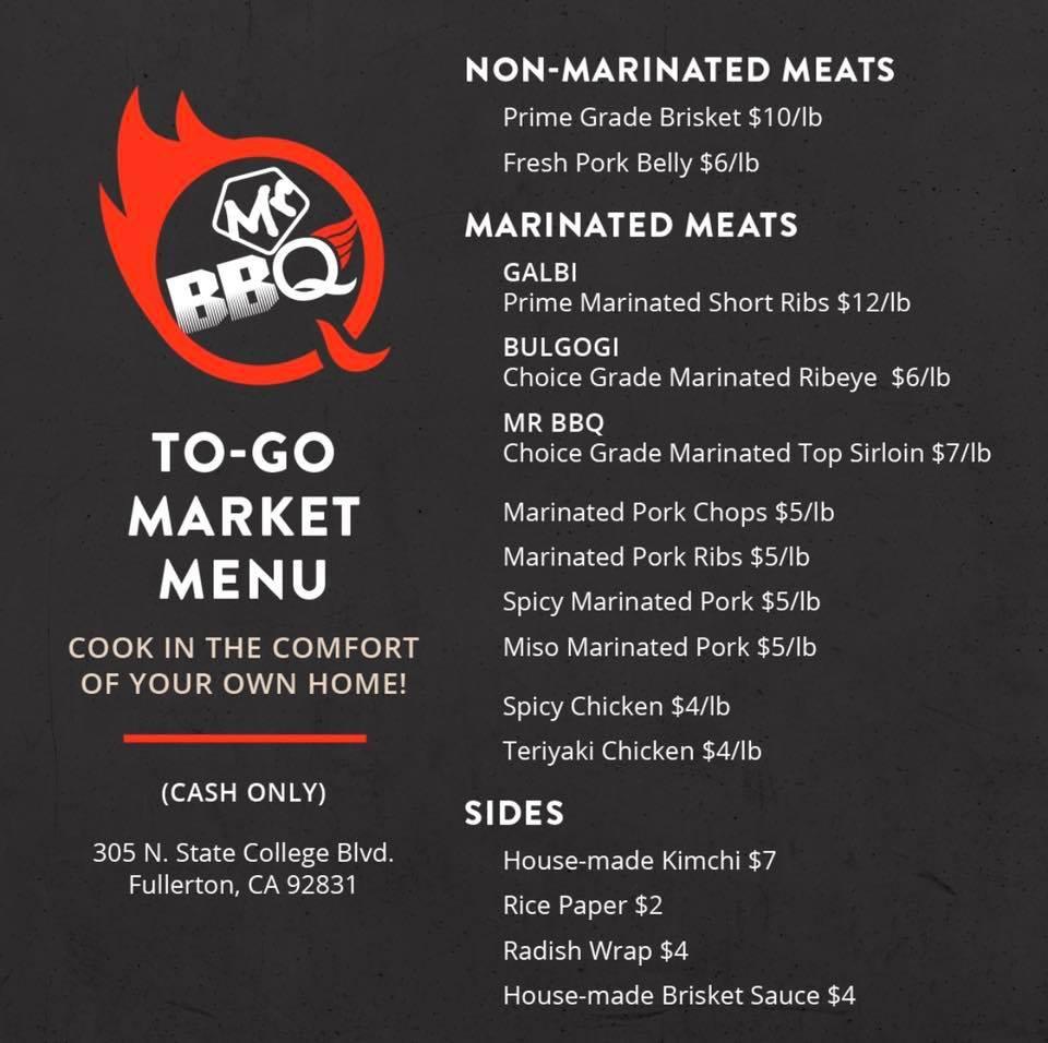 Menu at Mr BBQ, Fullerton