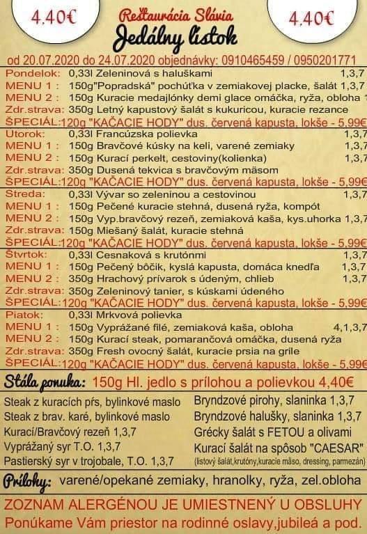 Speisekarte von Reštaurácia Slávia restaurant, Poprad