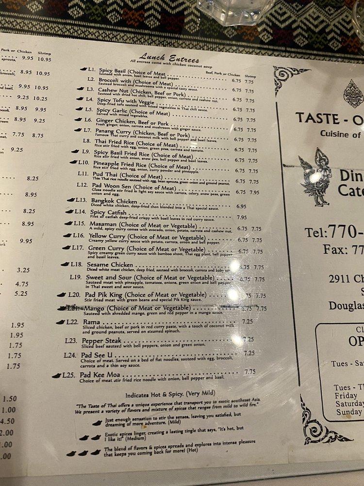 Menu at Taste of Thai restaurant, Douglasville, Chapel Hill Rd # 245