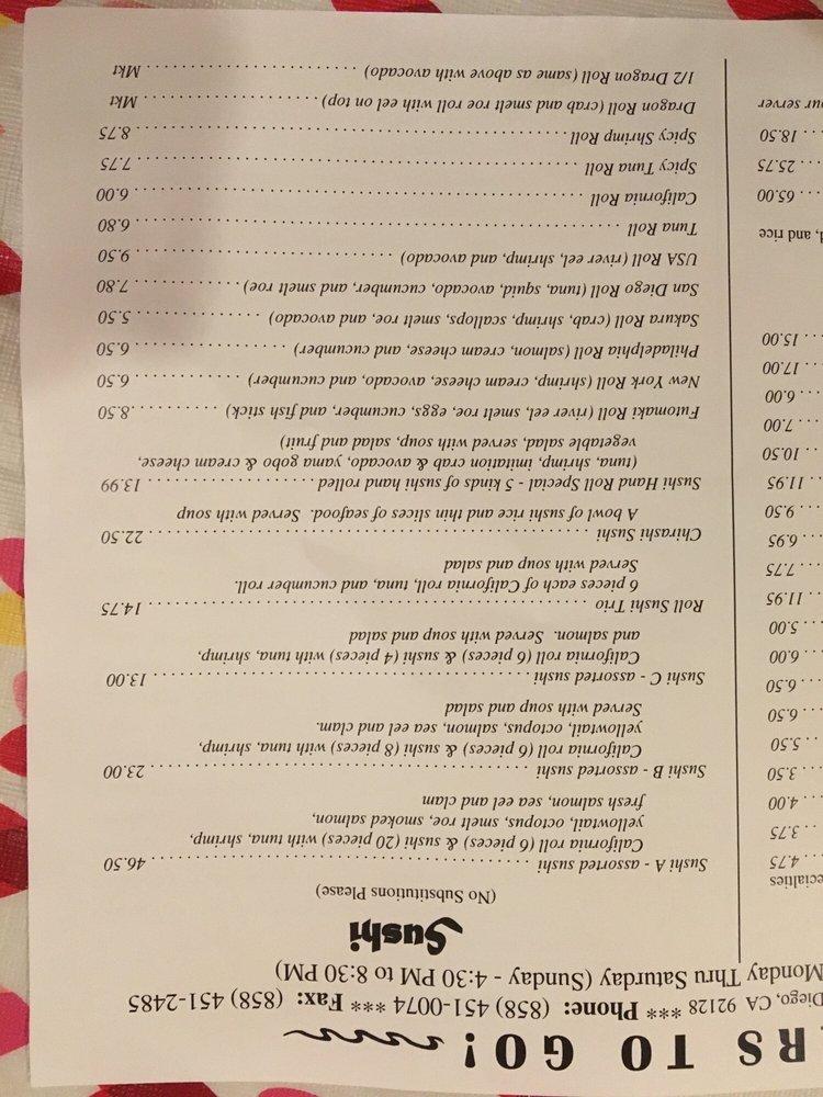 Menu at Akai Hana restaurant, San Diego