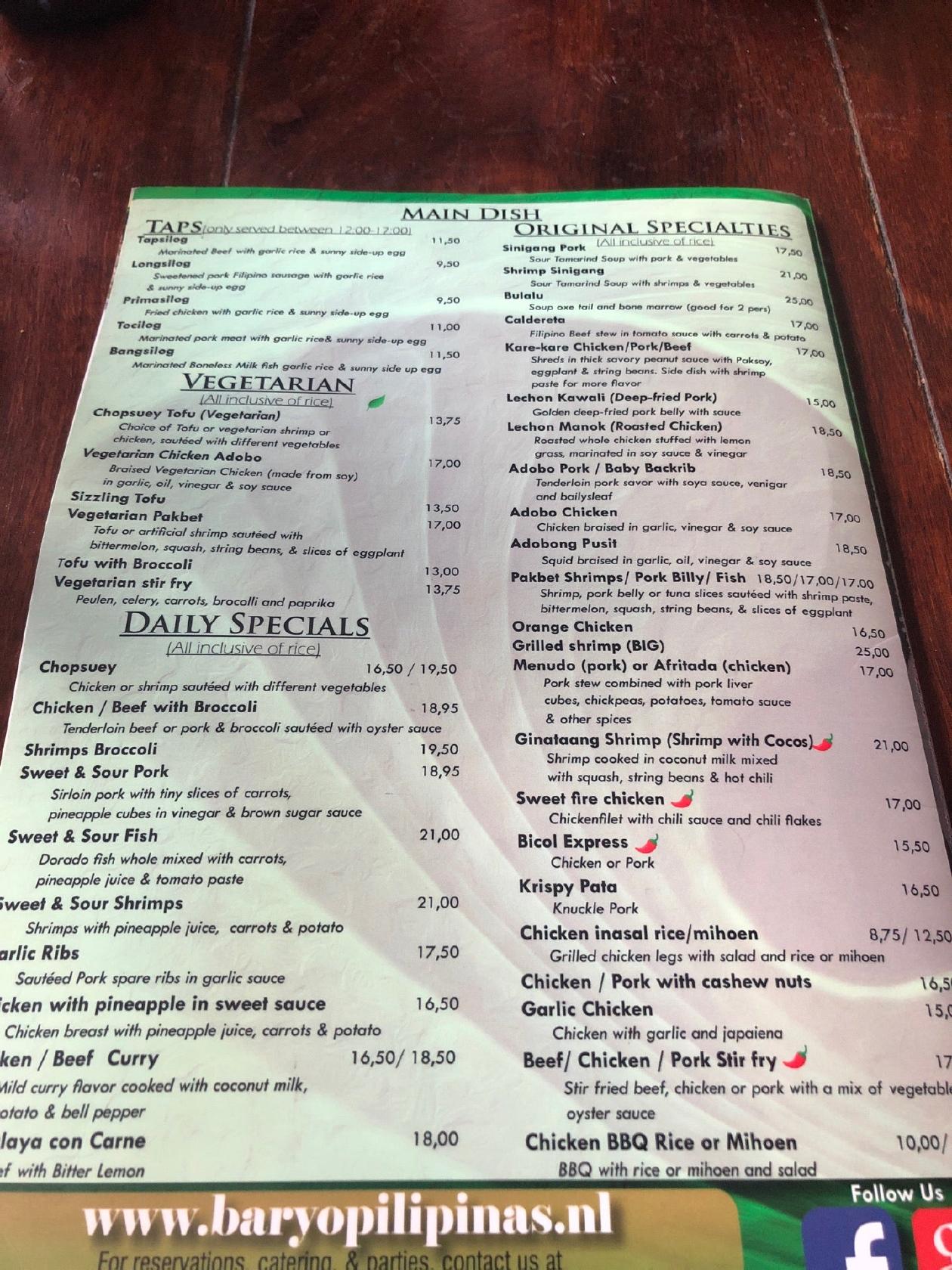 Menu at Baryo Pilipinas, The Hague