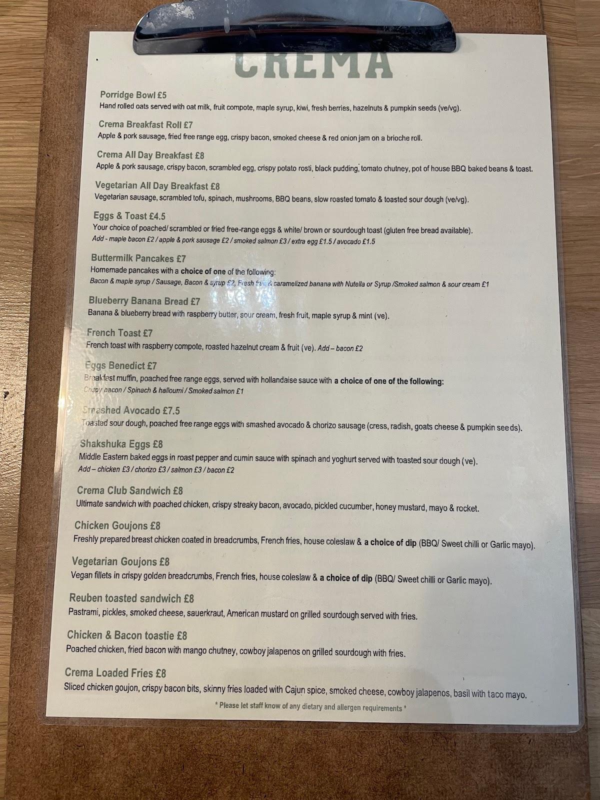 Menu at CREMA Lisburn cafe, Lisburn