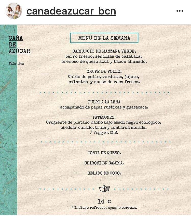 Menu at Caña de Azúcar cafeteria, Barcelona