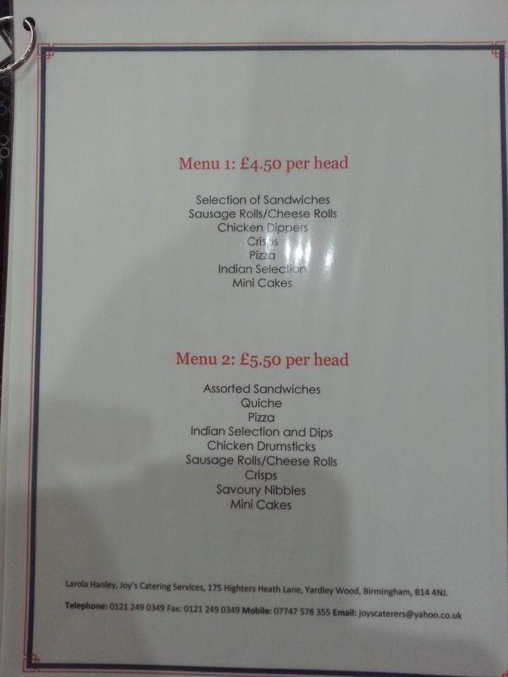 Menu at Joy Caribbean, Birmingham