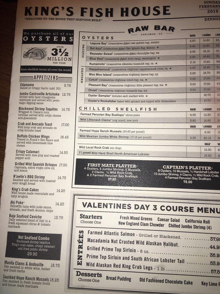 Menu at King's Fish House restaurant, Carlsbad, Paseo Del Norte