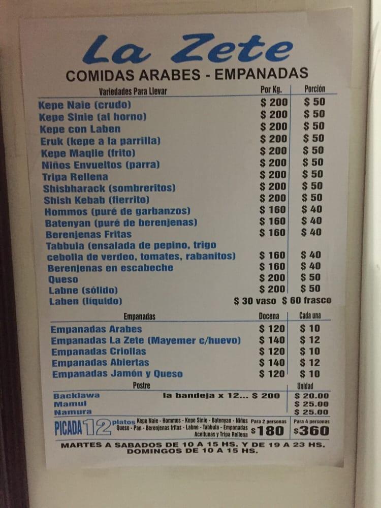 Carta del restaurante La Zete Comida Árabe, Córdoba