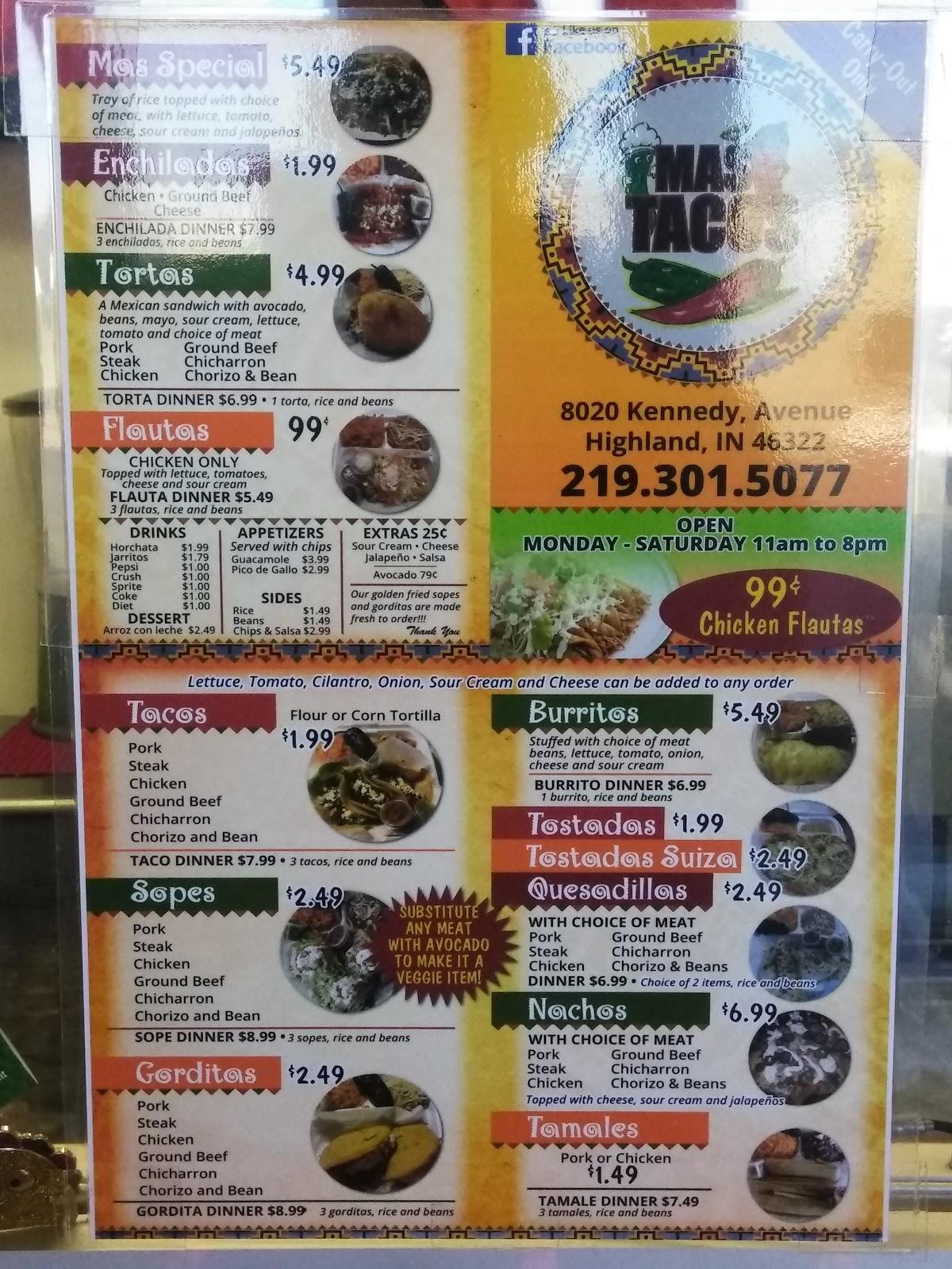 Menu at Mas Tacos restaurant, Highland