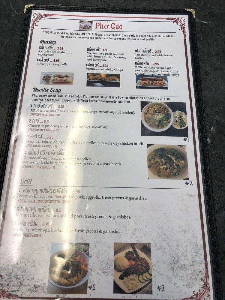 Menu at Pho Cao restaurant, Wichita