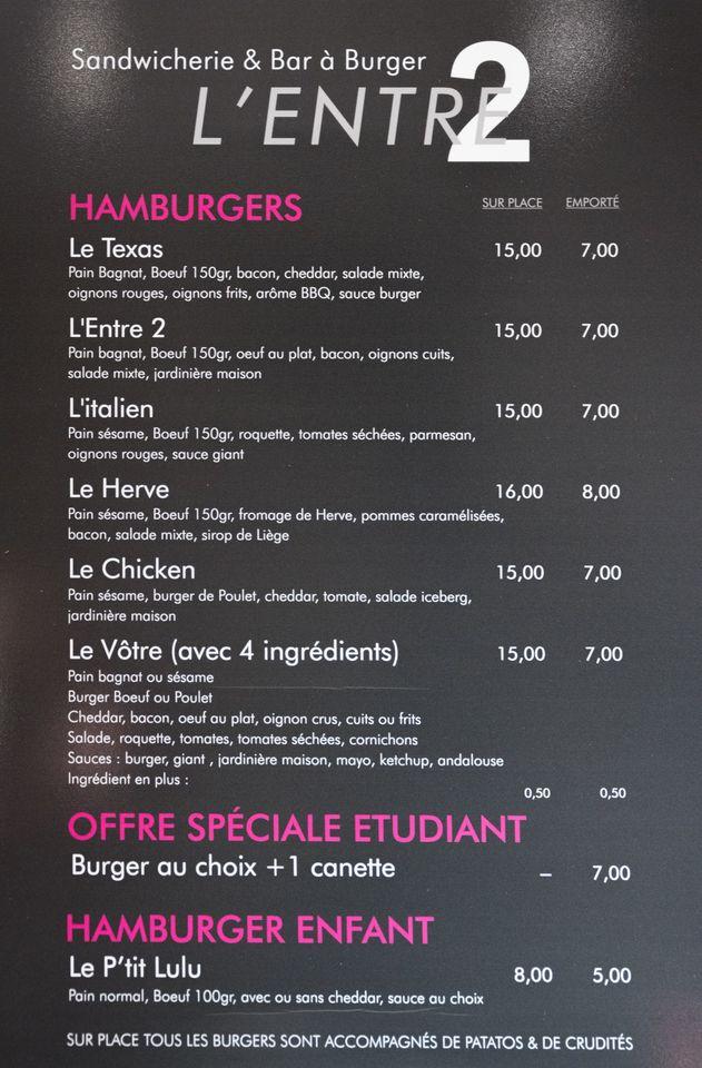 Menu at Sandwicherie L'Entre 2, Herve