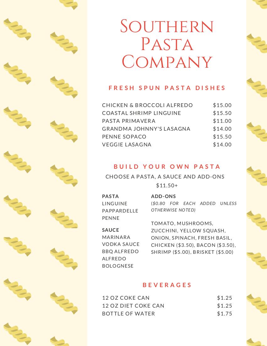 Menu at Southern Pasta Company restaurant, Raleigh, S Wilmington St
