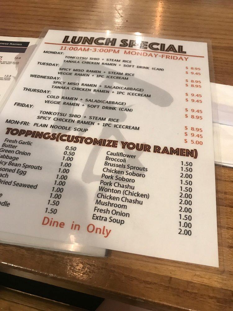 Menu at Tanaka Ramen restaurant, College Station
