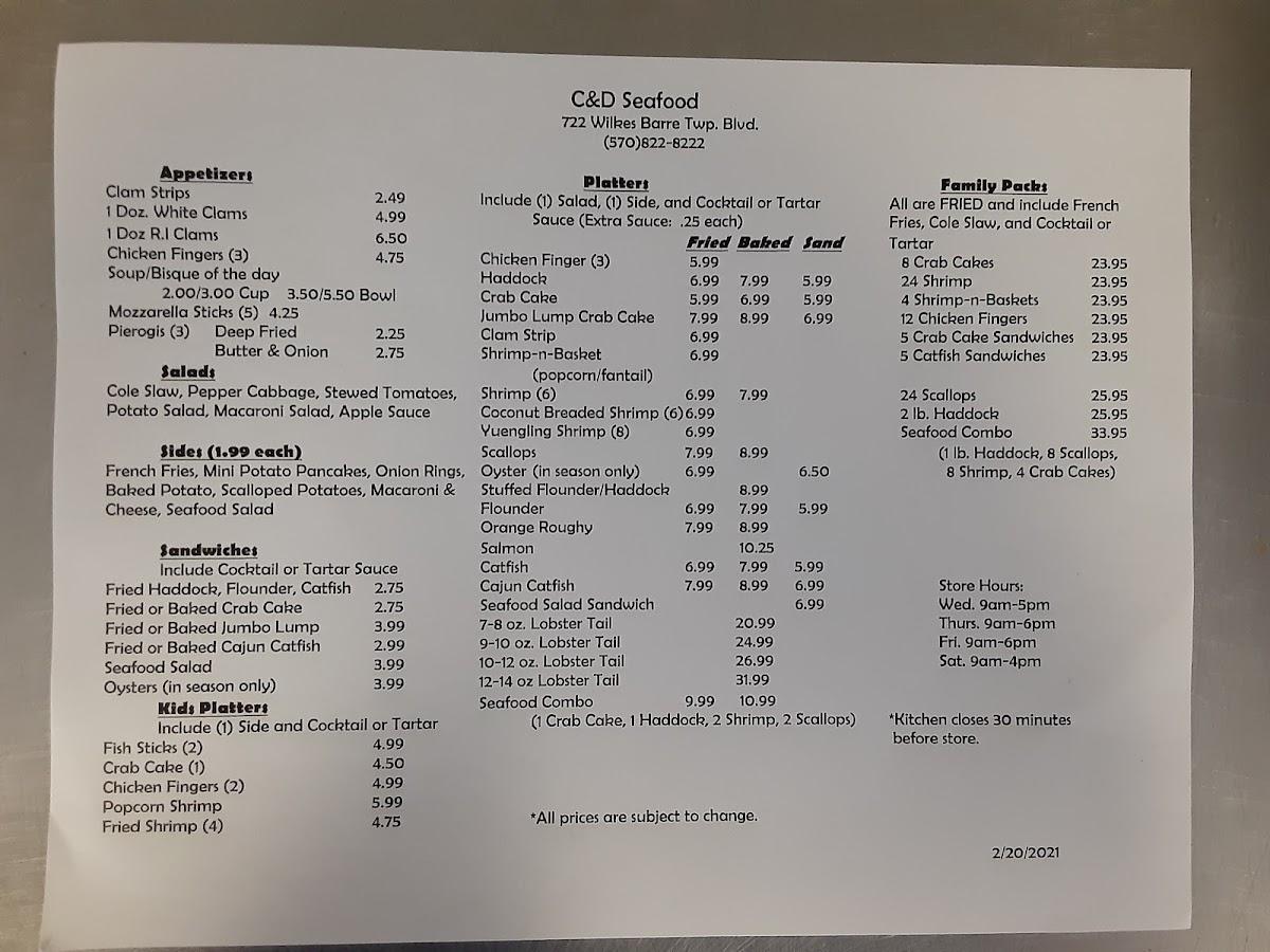 Menu at C & D Seafood restaurant, Wilkes-Barre Township