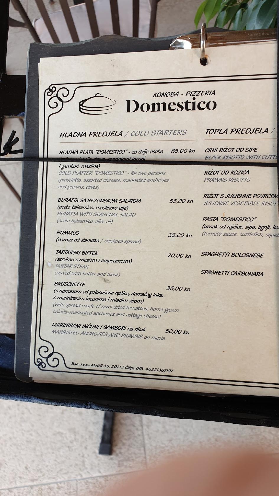 Menu at Domestico restaurant, Močići