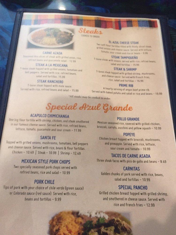 Menu at El Azul Grande Inc restaurant, Pikeville, 190 S Mayo Trail